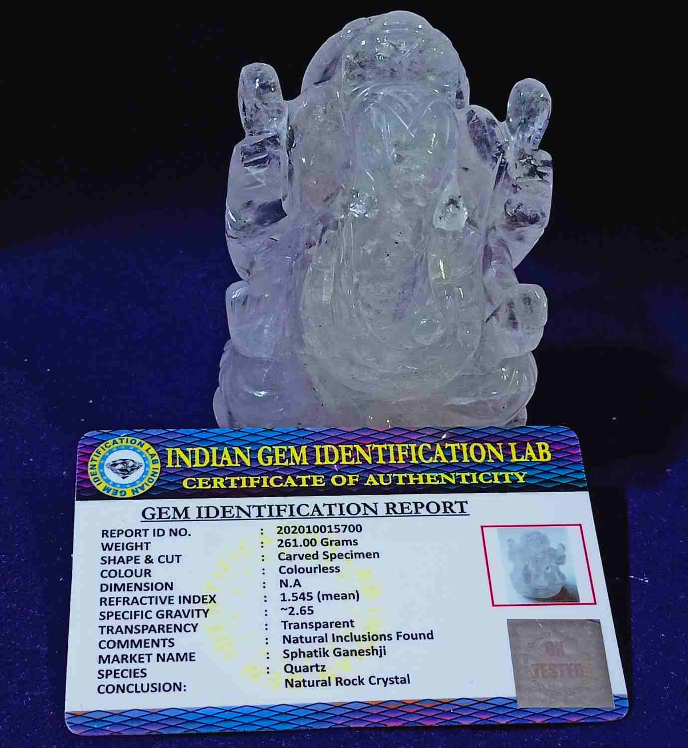 Indian Sphatik Ganesh Idol / Murti / Sphatik & Lab- Certified 261 Gram – Omjaa